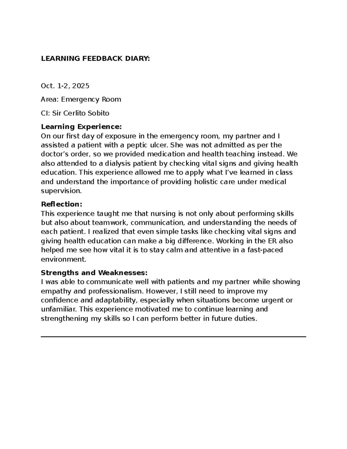 Emergency Room Learning Feedback Diary: Oct-Nov 2025 - Studocu
