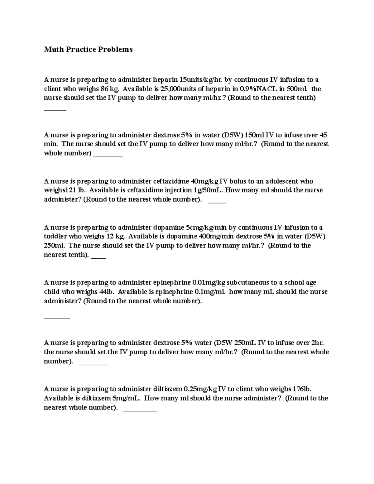 Math Practice Worksheet NUR 2023: IV Dosage Calculations - Studocu