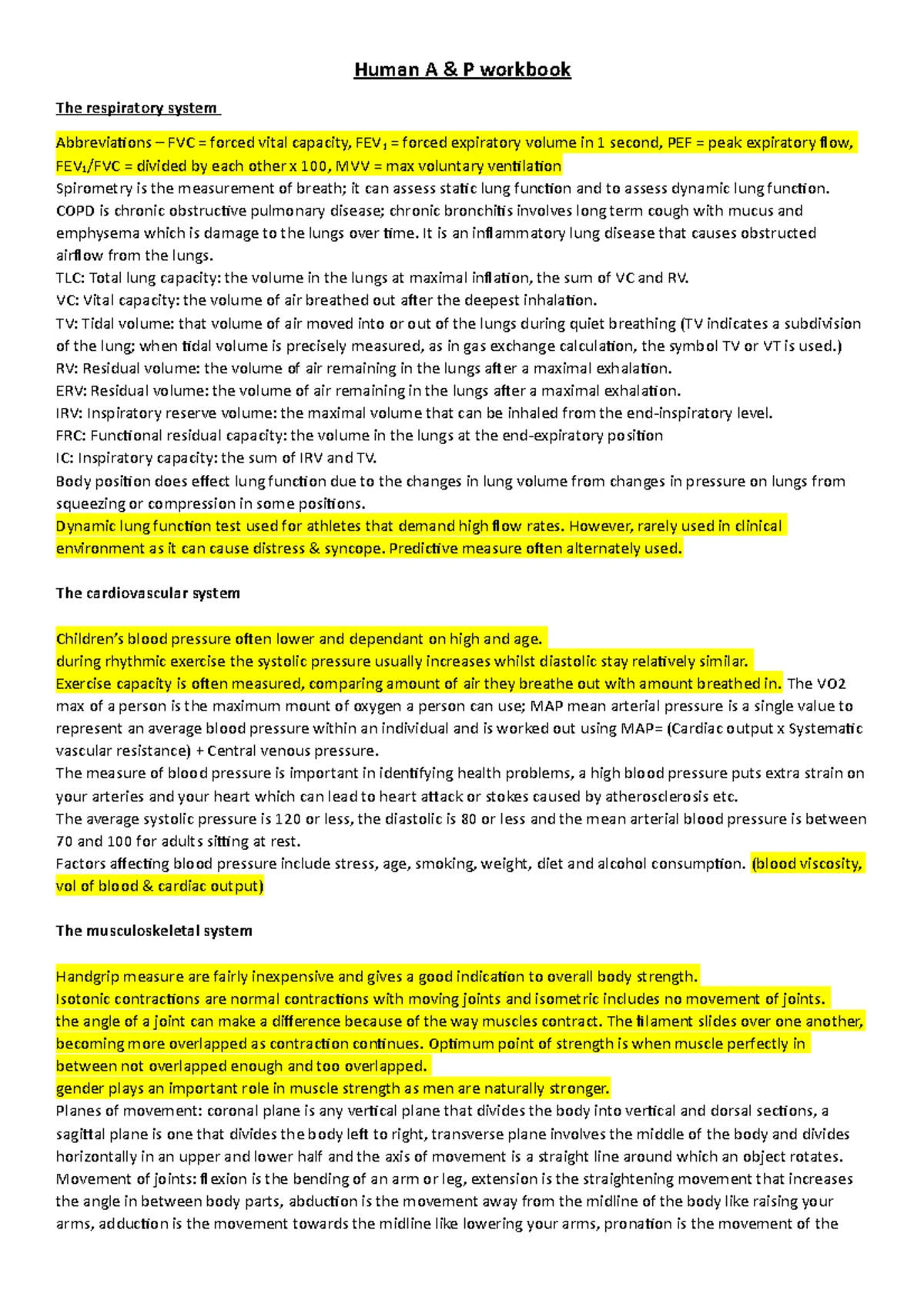 Anatomy and Physiology Revision notes - Human A & P - Revision notes ...