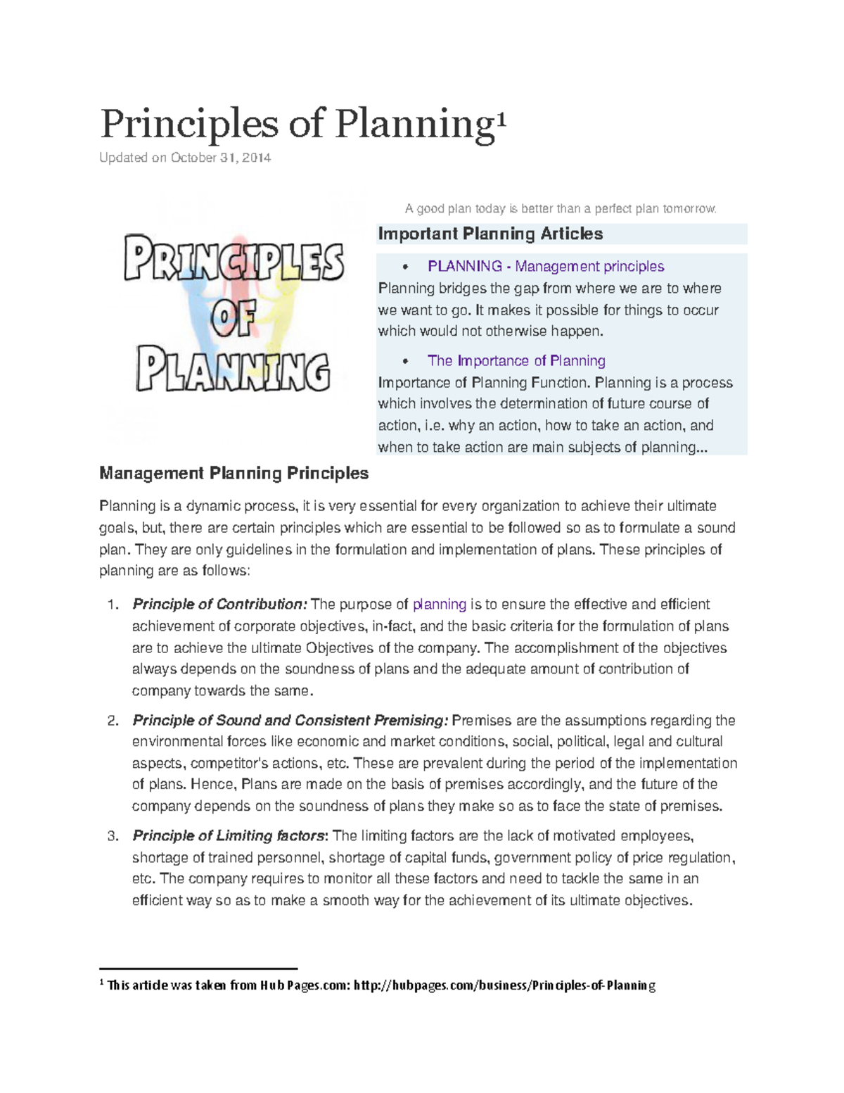 Principles of Planning: Key Management Guidelines for Success - Studocu