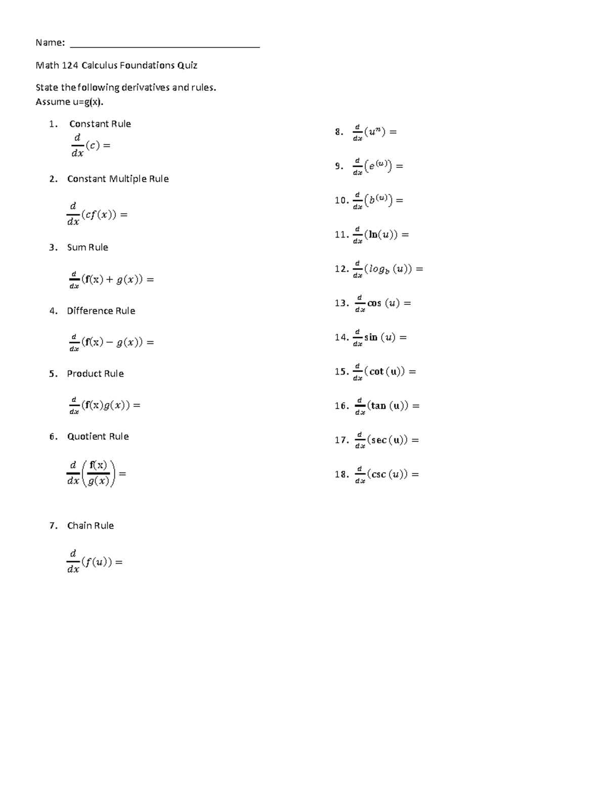 Math 124 Calculus Foundations Quiz: Derivatives and Rules - Studocu