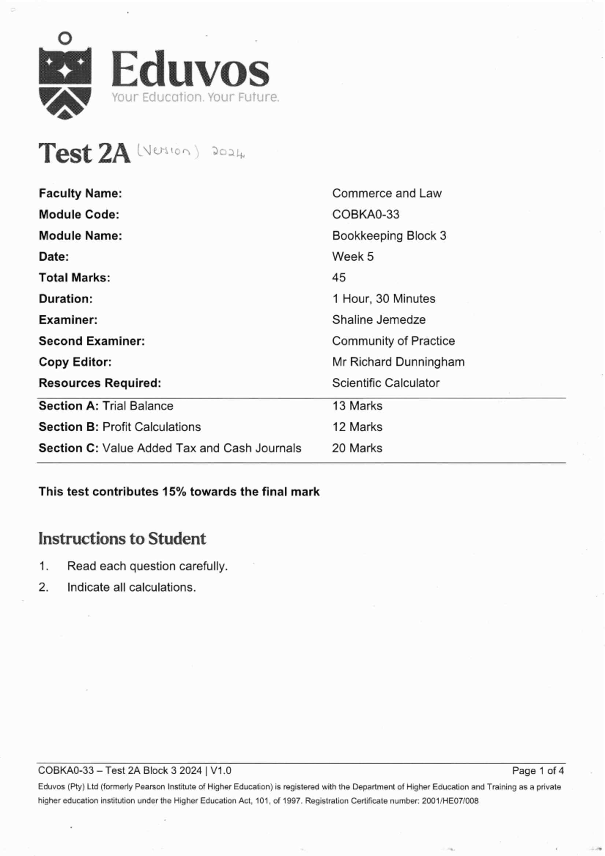 Test 2A: Bookkeeping (Module Code: Cobka) - Block 3 2024 - Studocu