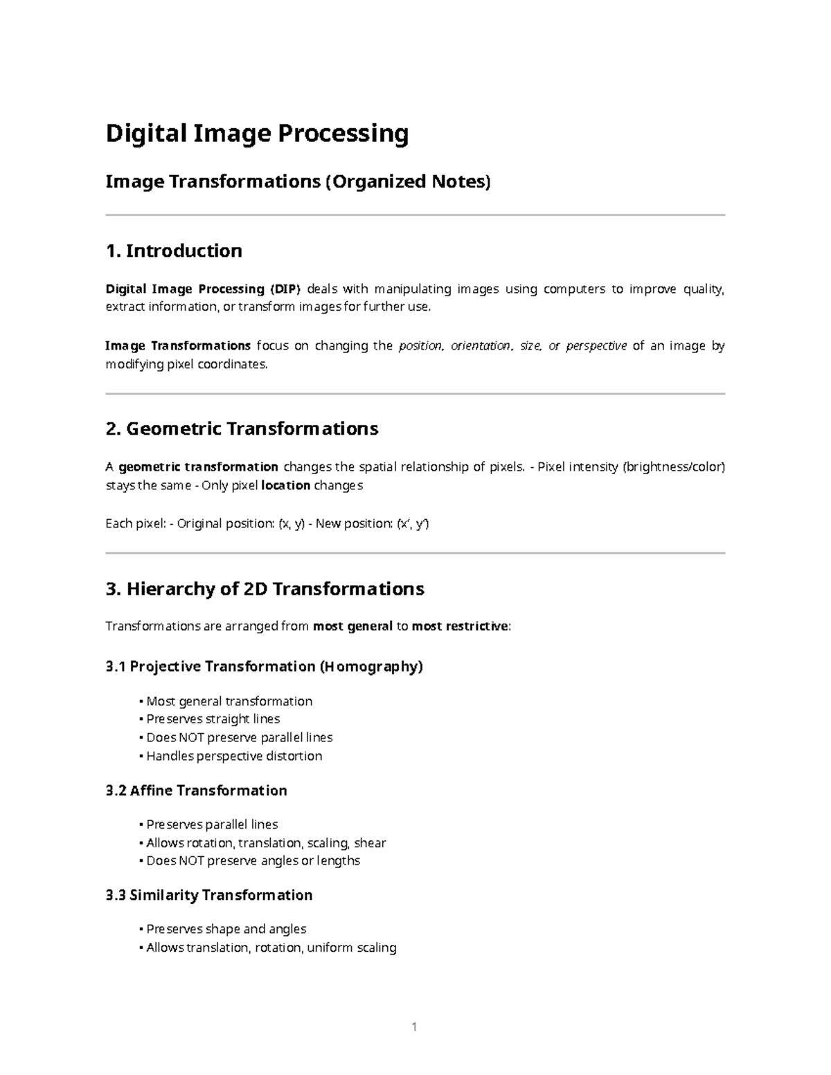 Digital Image Processing (DIP) - Image Transformations Notes - Studocu