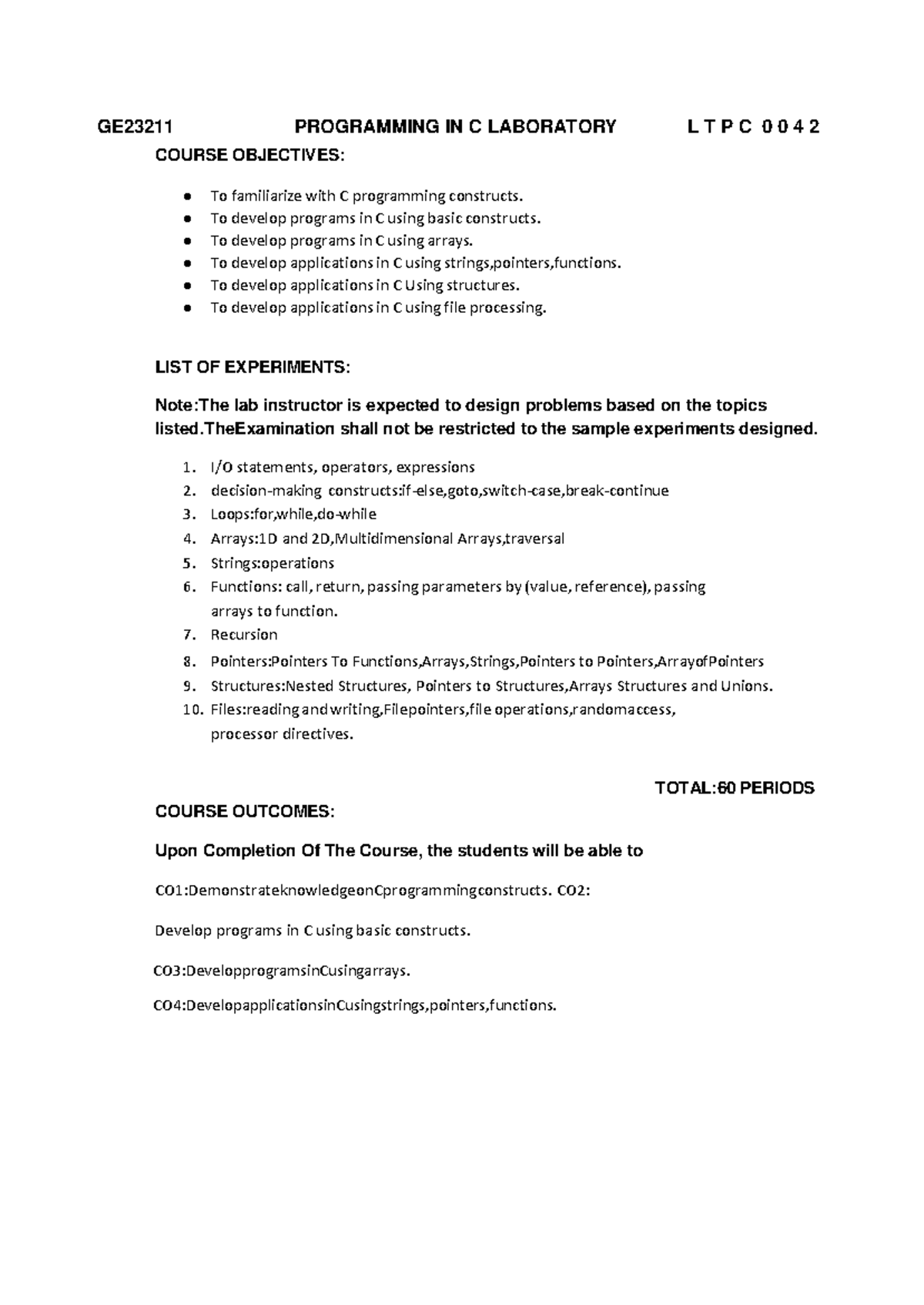 GE23211 C Programming Laboratory: Experiments and Objectives - Studocu