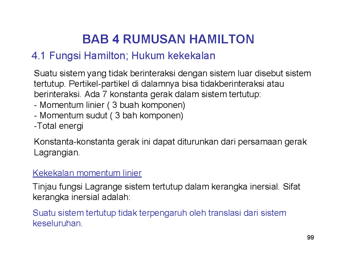 Metode Hamiltonian dalam Mekanika: Rincian dan Hukum Kekekalan - Studocu