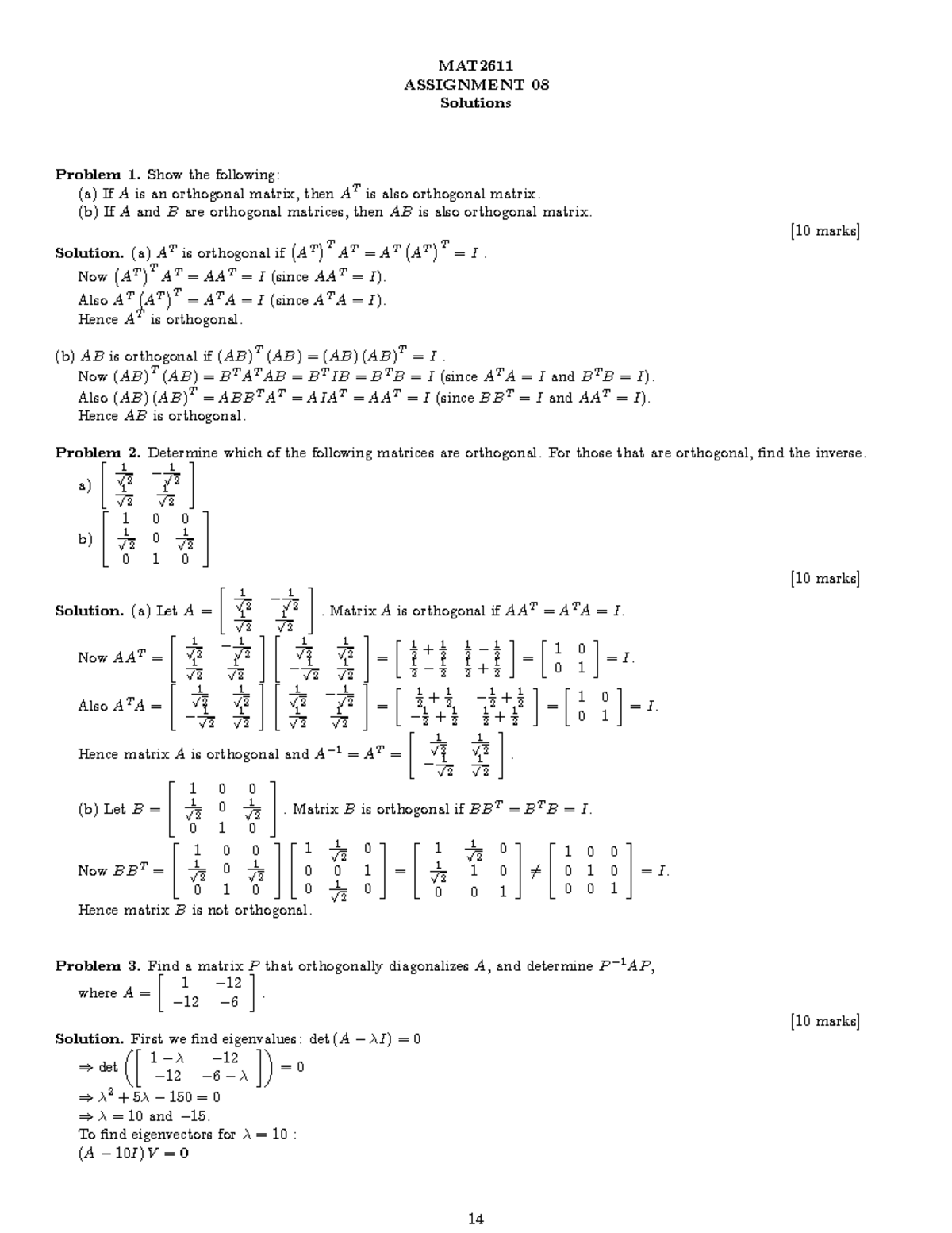 MAT2611 Assignment 08: Orthogonal Matrices Solutions - Studocu