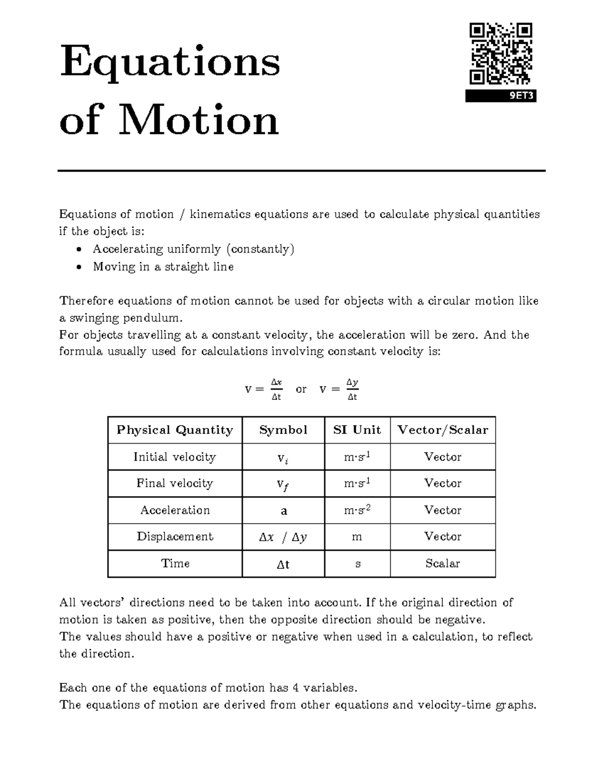 Equations of Motion - Physics Grade 10 Study Notes - Studocu