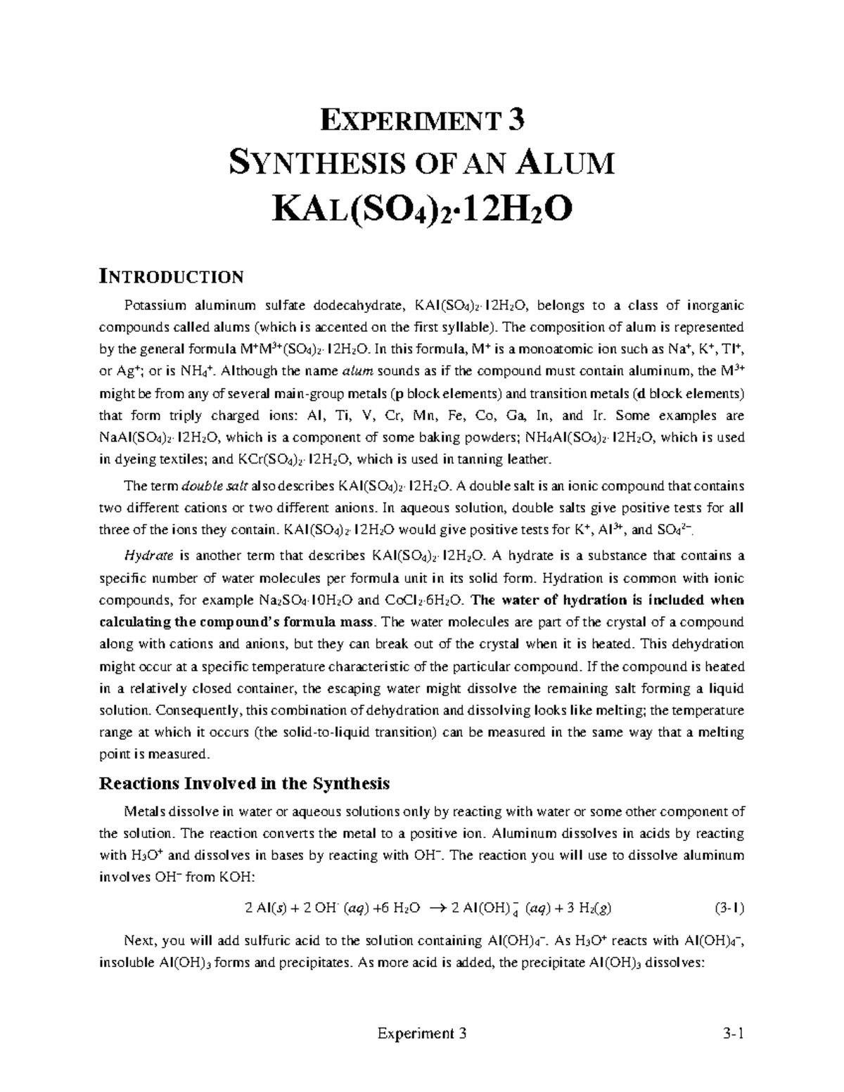 Exp. 3: Synthesis of Potassium Aluminum Sulfate Dodecahydrate - Studocu