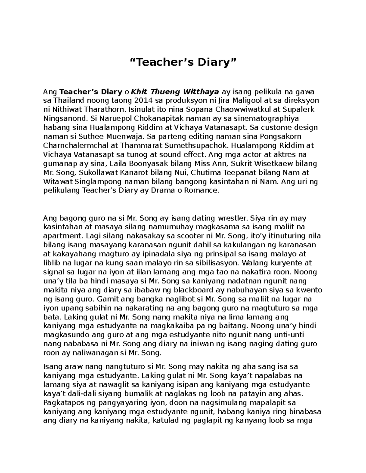 Reaction Paper - Teacher's Diary - “Teacher’s Diary” Ang Teacher’s ...