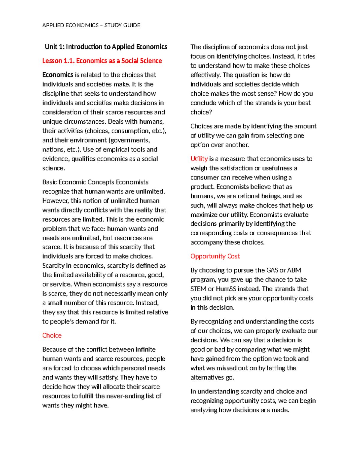 Study Guide 1 Basic Economic Concepts - Unit 1: Introduction to Applied ...