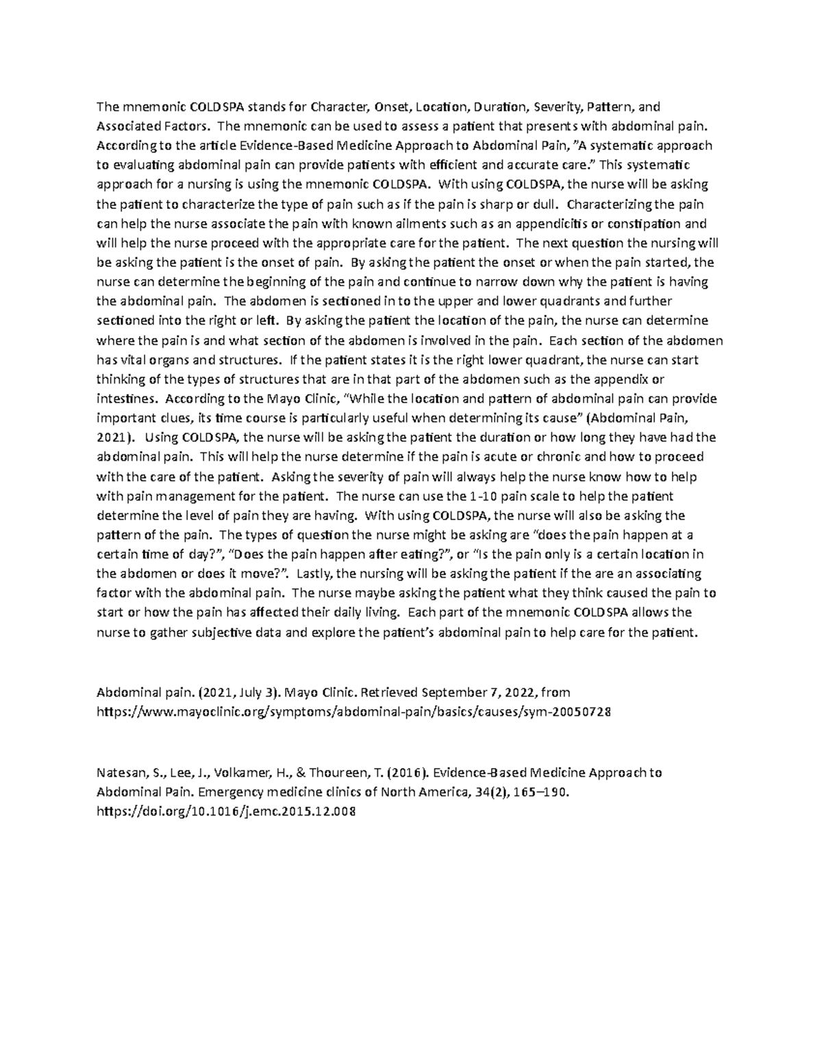 COLDSPA Approach to Assessing Abdominal Pain in Nursing Care - Studocu