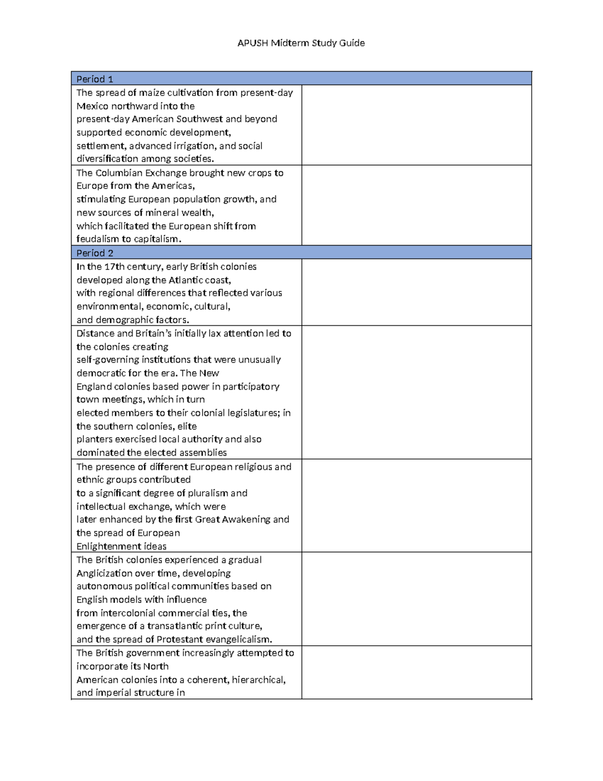 APUSH Midterm Study Guide: Key Periods and Concepts Overview - Studocu
