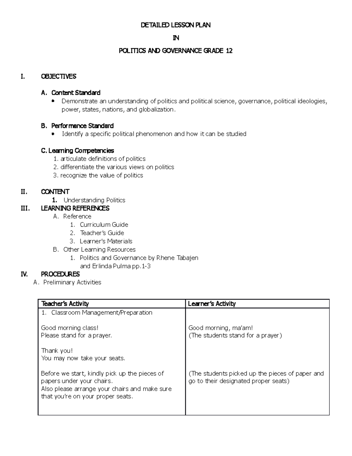 Detailed Lesson PLAN IN SHS - DETAILED LESSON PLAN IN POLITICS AND ...