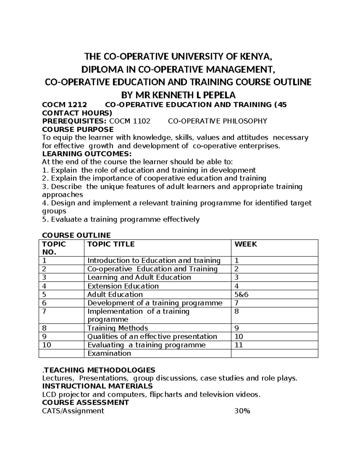 COCM 1212 Co-operative Education and Training Course Outline - Studocu