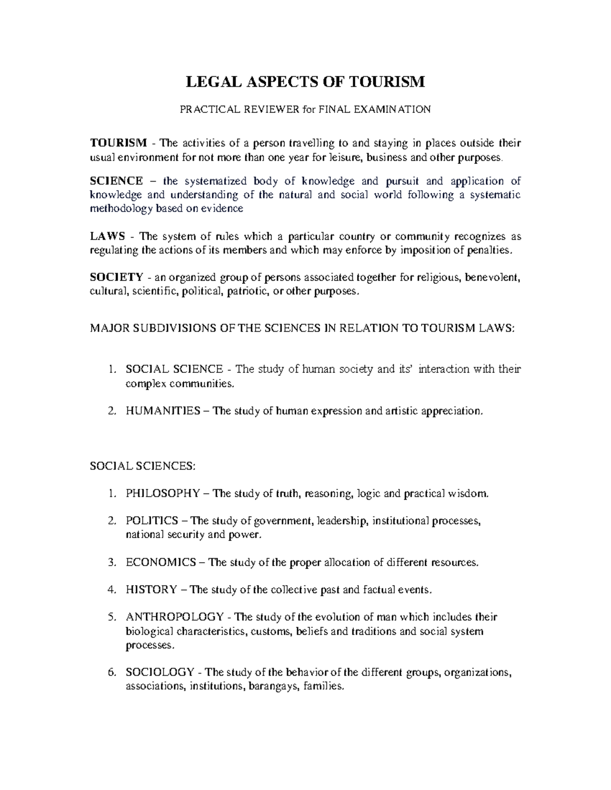 LEGAL ASPECTS OF TOURISM FINAL EXAM REVIEWER: SIMPLIFIED SUMMARY - Studocu