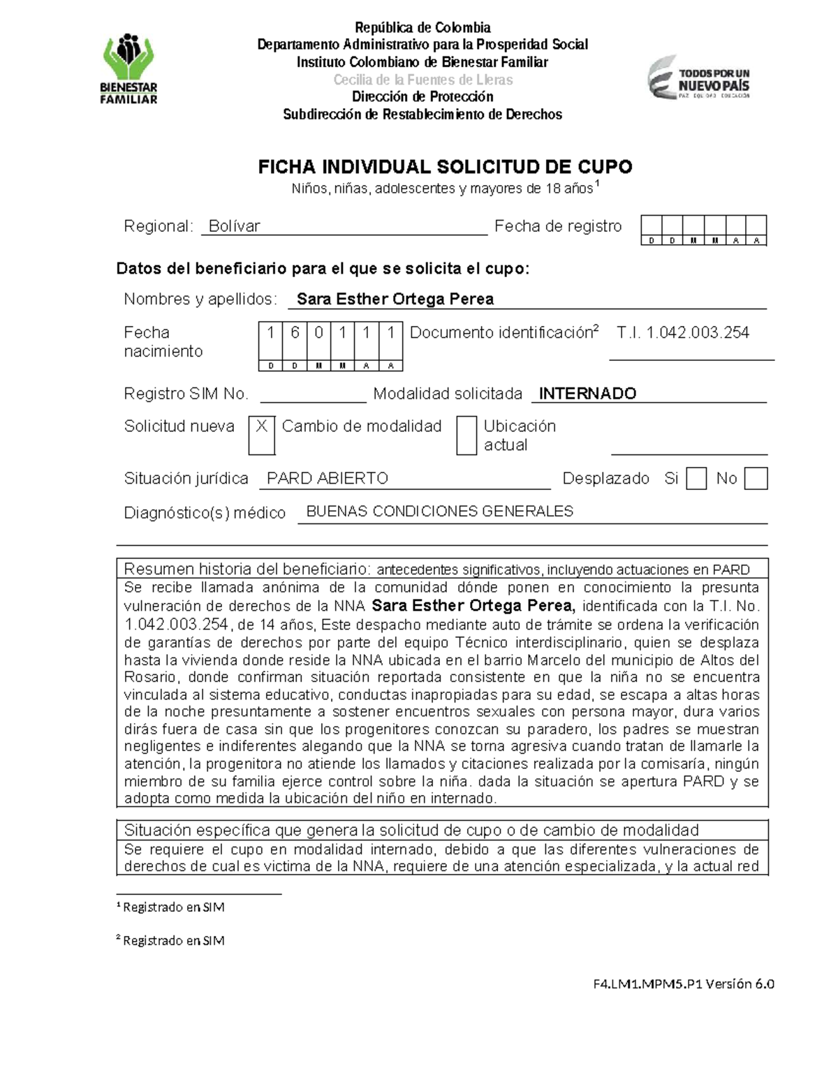 Solicitud de Cupo Internado para Sara Esther Ortega Perea - Ficha ...