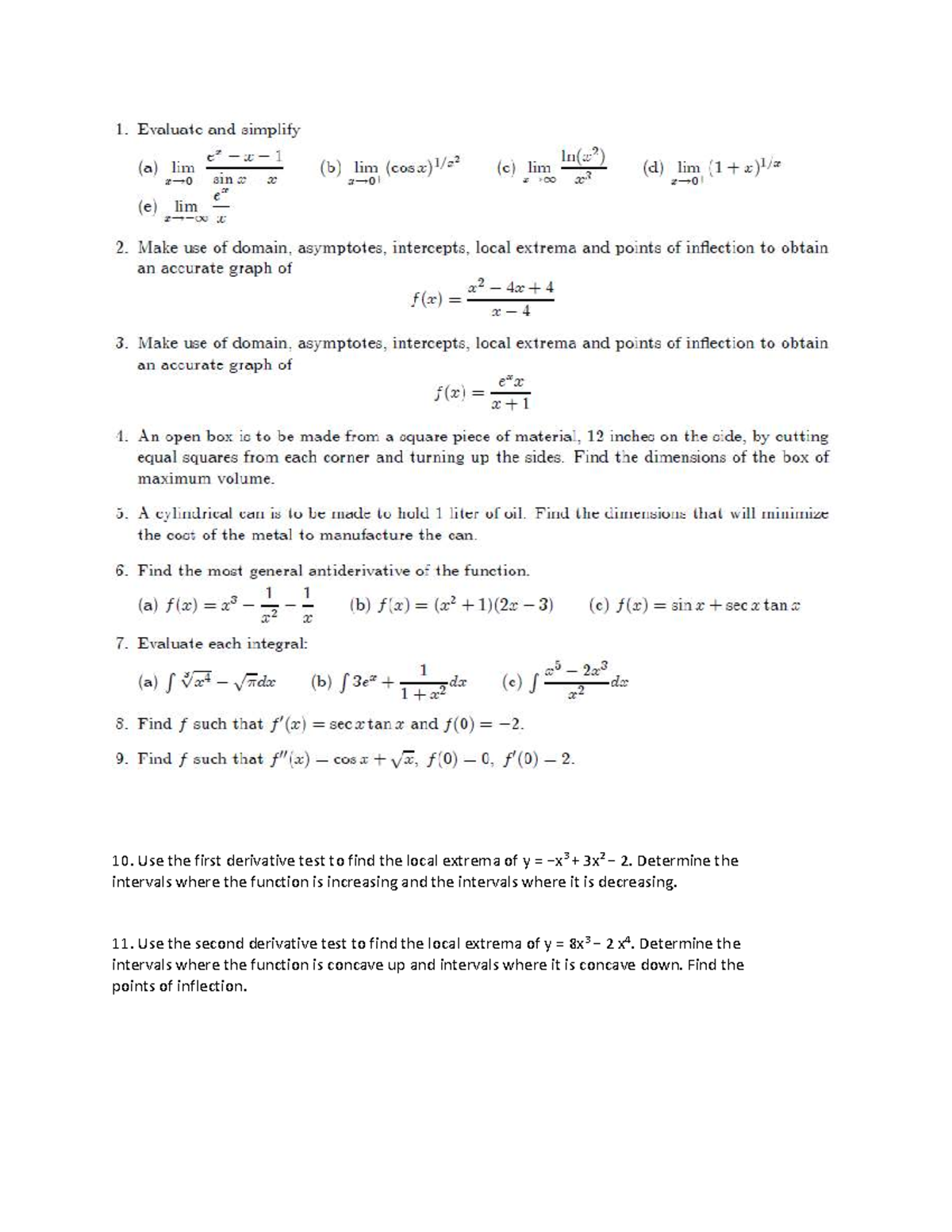 Calculus Exam Review: Derivatives, Integrals, and Extrema (MATH 101 ...