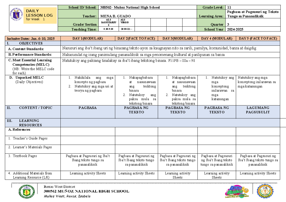 DAILY LESSON LOG: Week 1 - Pagbasa at Pagsusuri ng Teksto (Grade 11 ...
