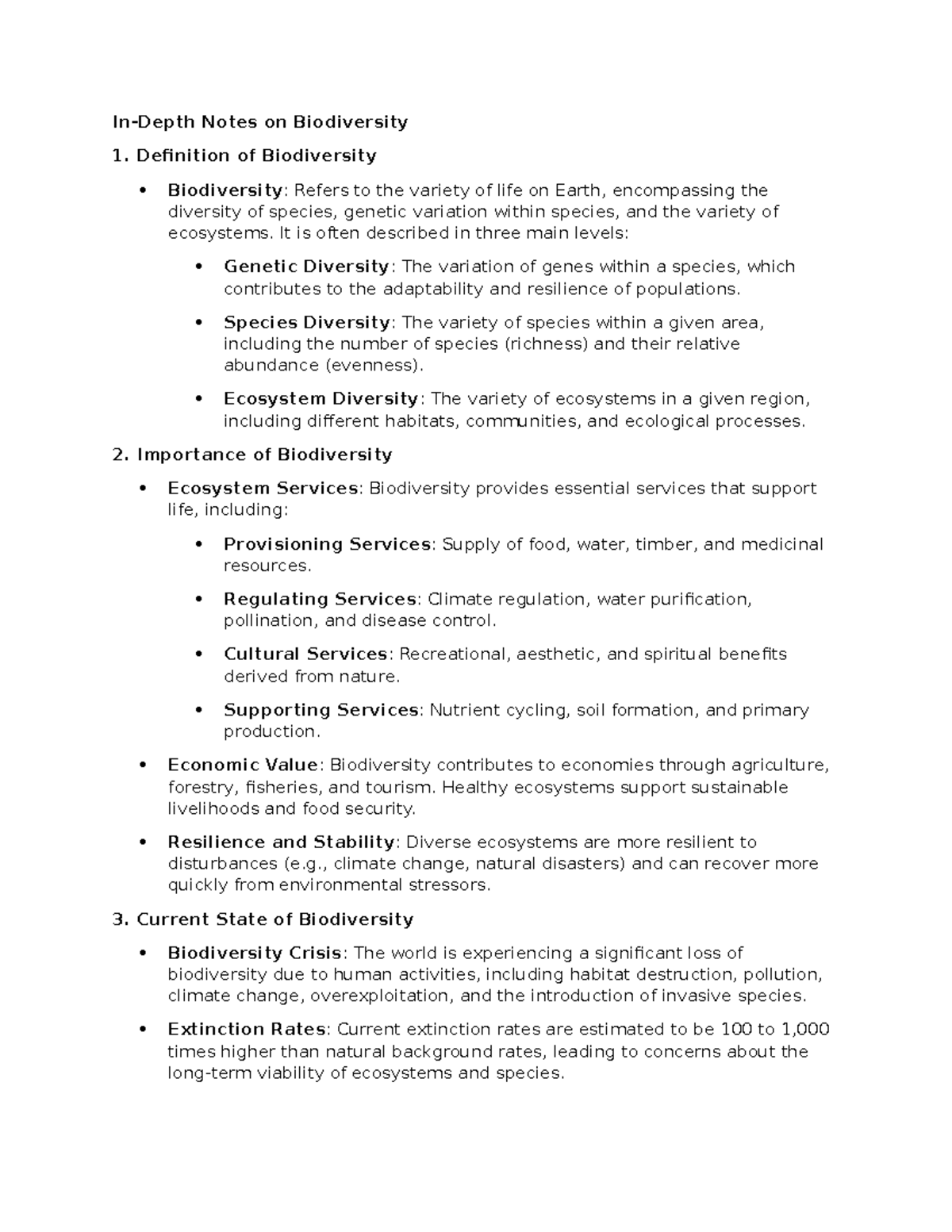 Biodiversity Notes - In-Depth Notes on Biodiversity 1. Definition of ...