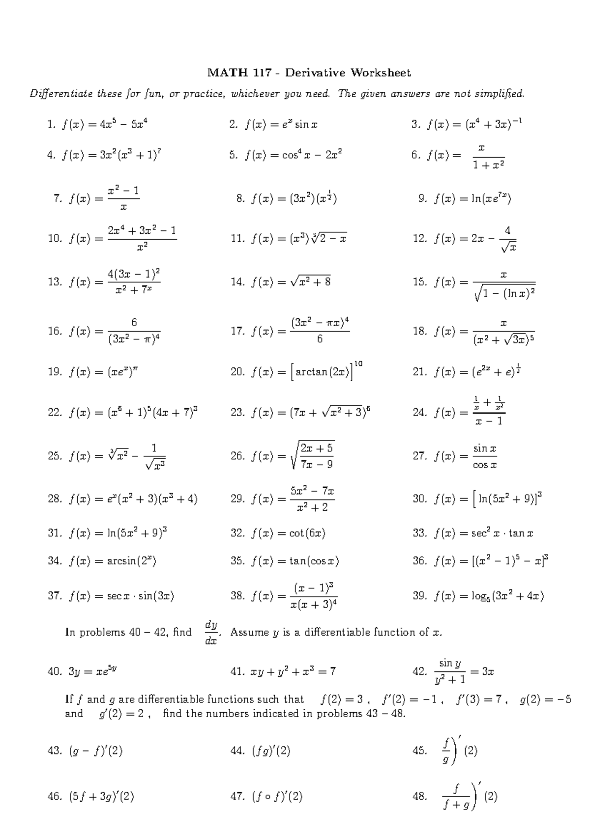 MATH 117 - Derivative Practice Worksheet - Studocu