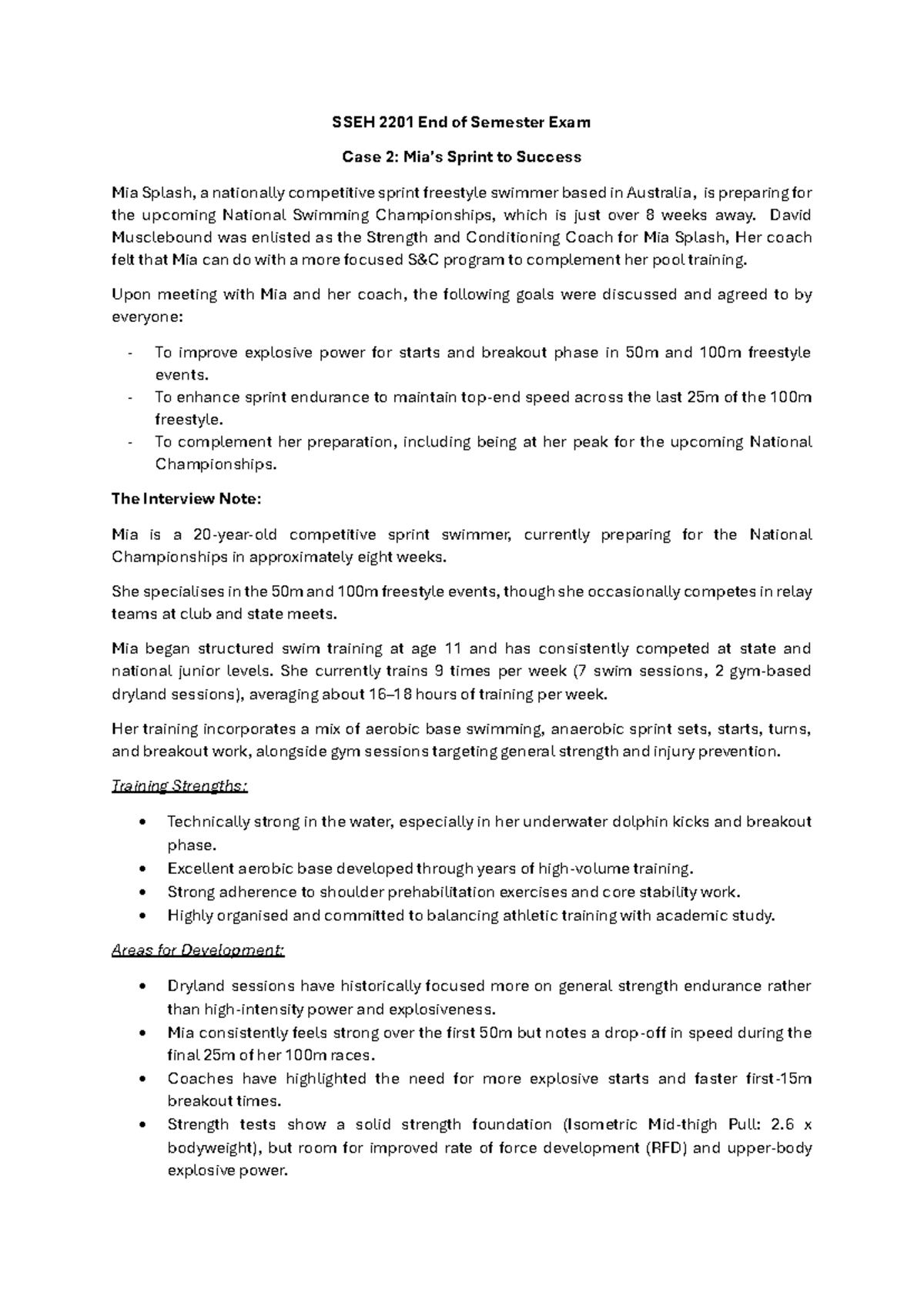 SSEH 2201 End of Semester Exam Case Study 2: Mia Splash's Training ...