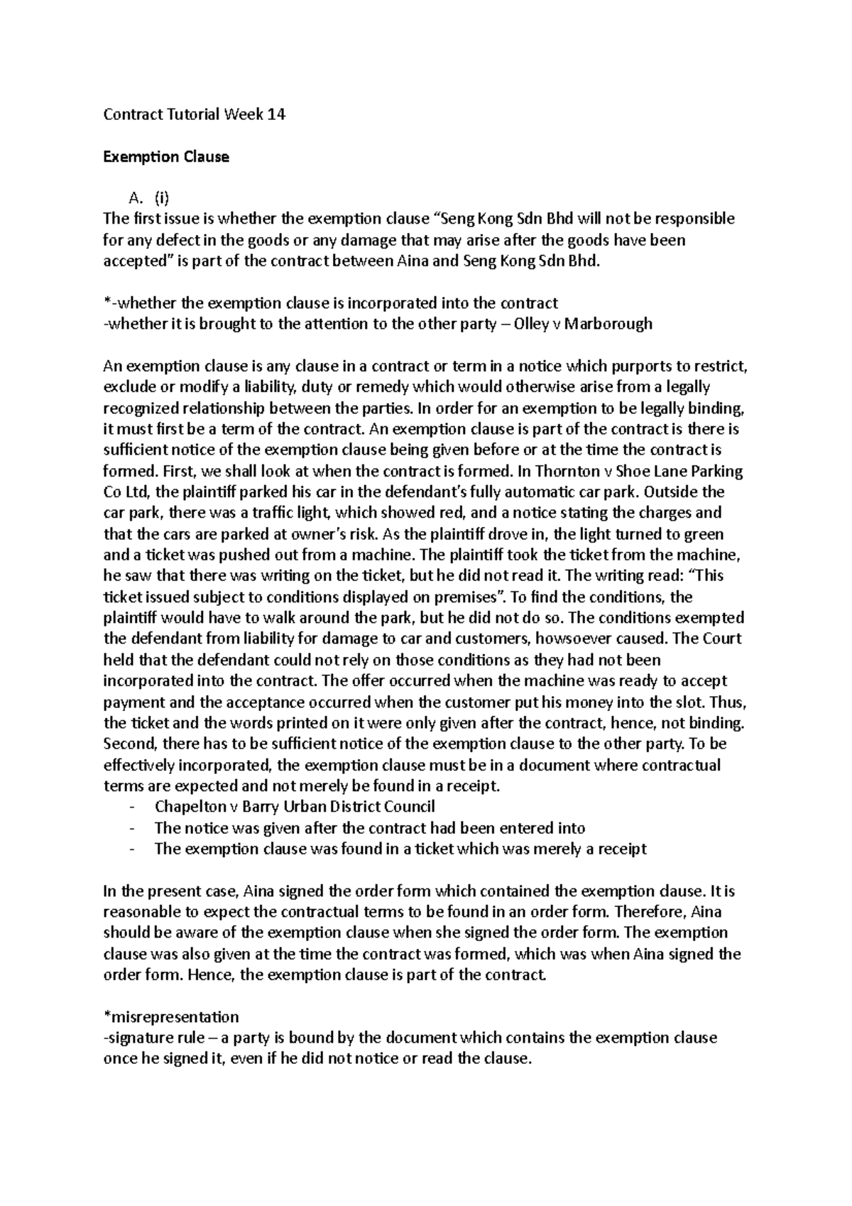 Contract Tutorial Week 14: Understanding Exemption Clauses and ...