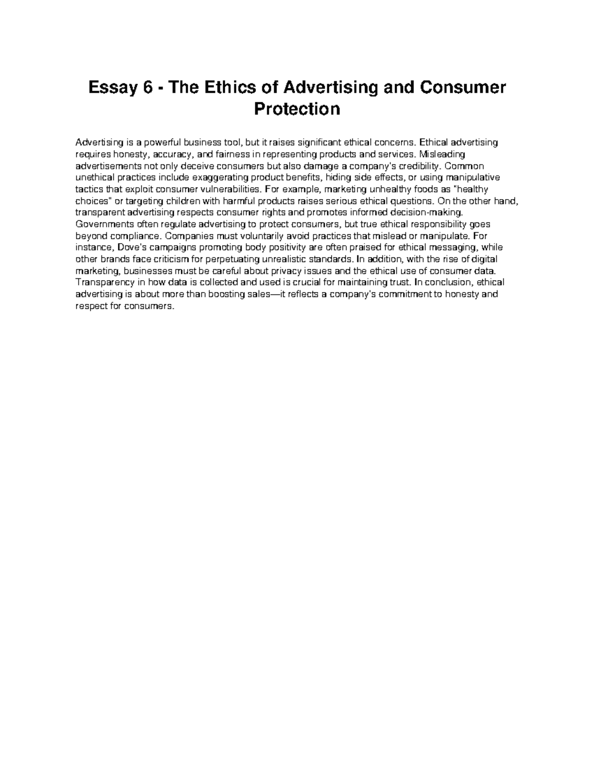 Essay 6: Ethical Advertising & Consumer Protection Issues - Studocu