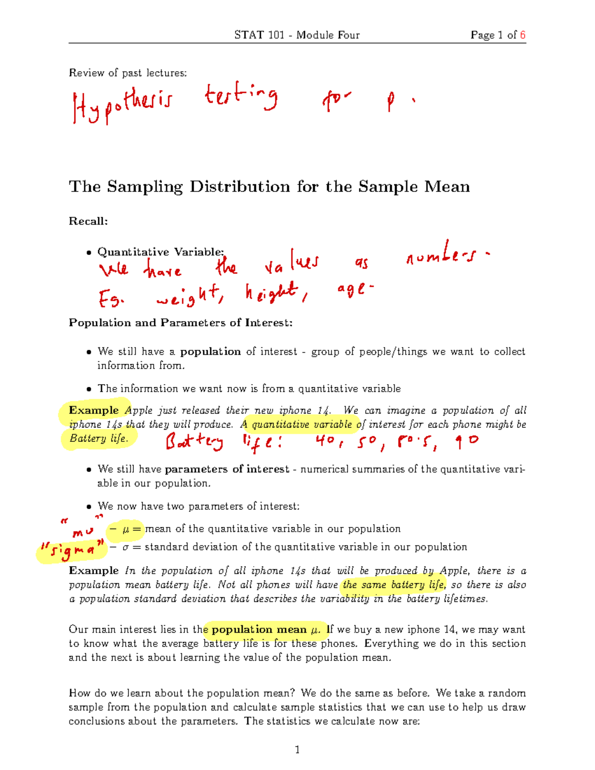 STAT 101 - Module Four: Review of Sampling Distribution & Hypothesis ...