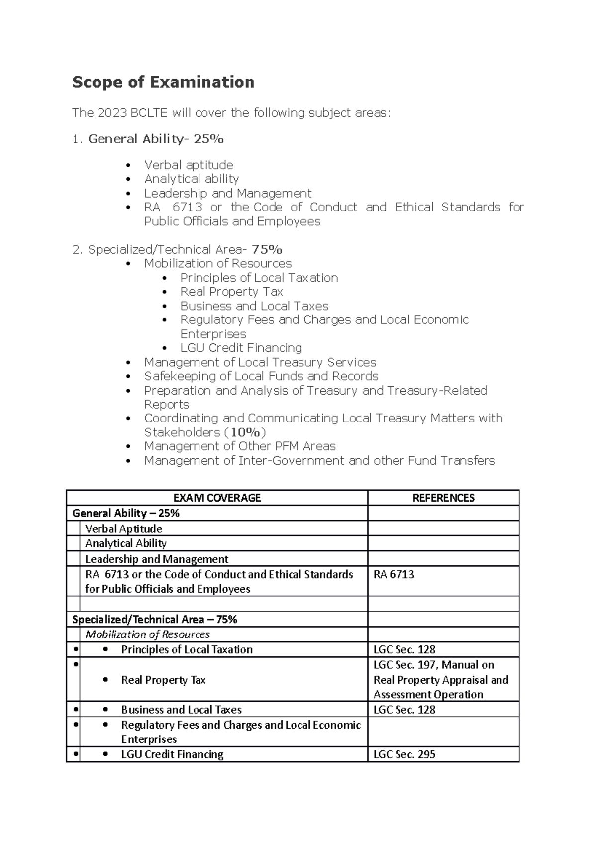 Scope of Examination Overview for BCLTE 2023 Exam - Studocu