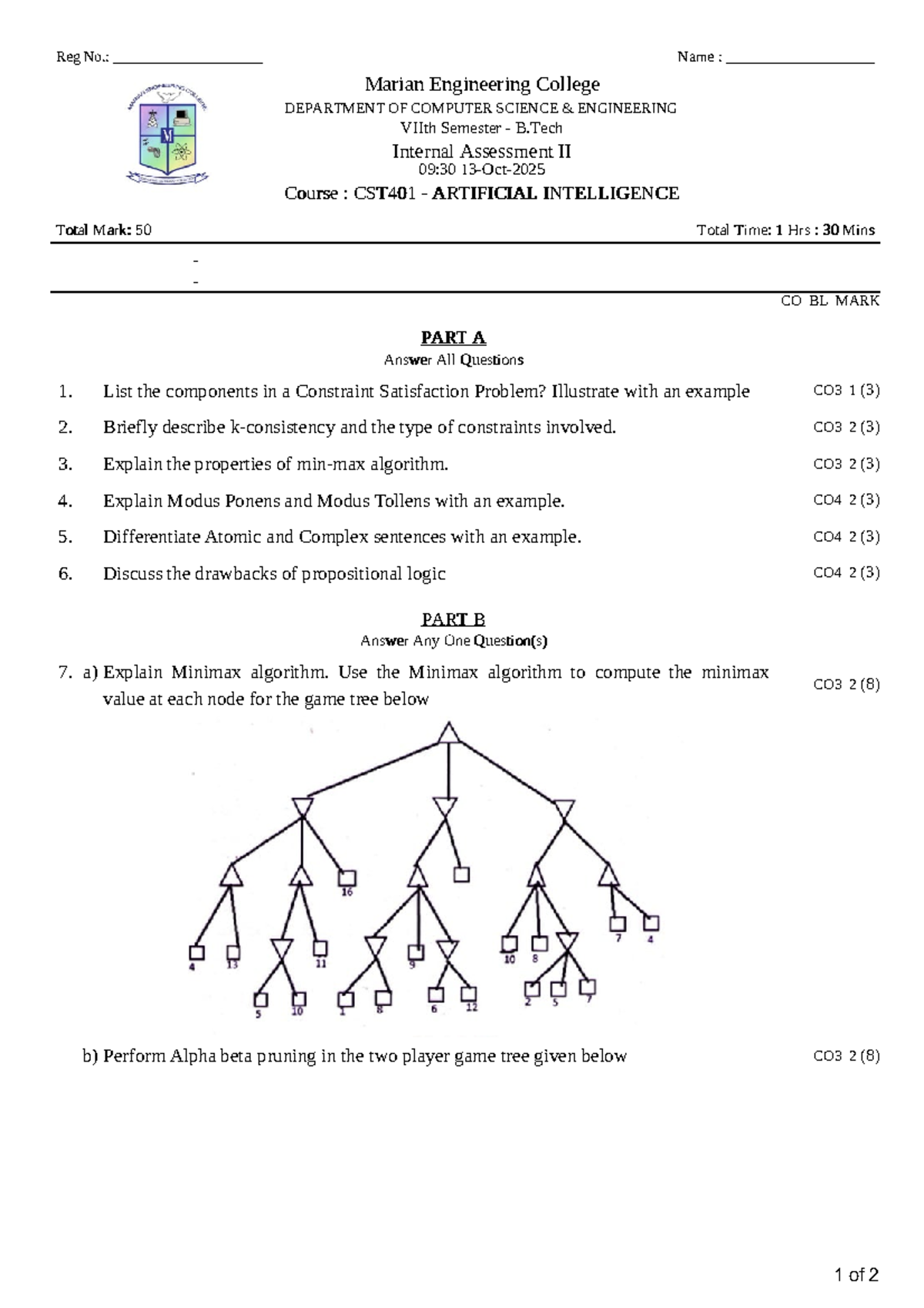 CST401 Artificial Intelligence Internal Assessment II Questions - Studocu