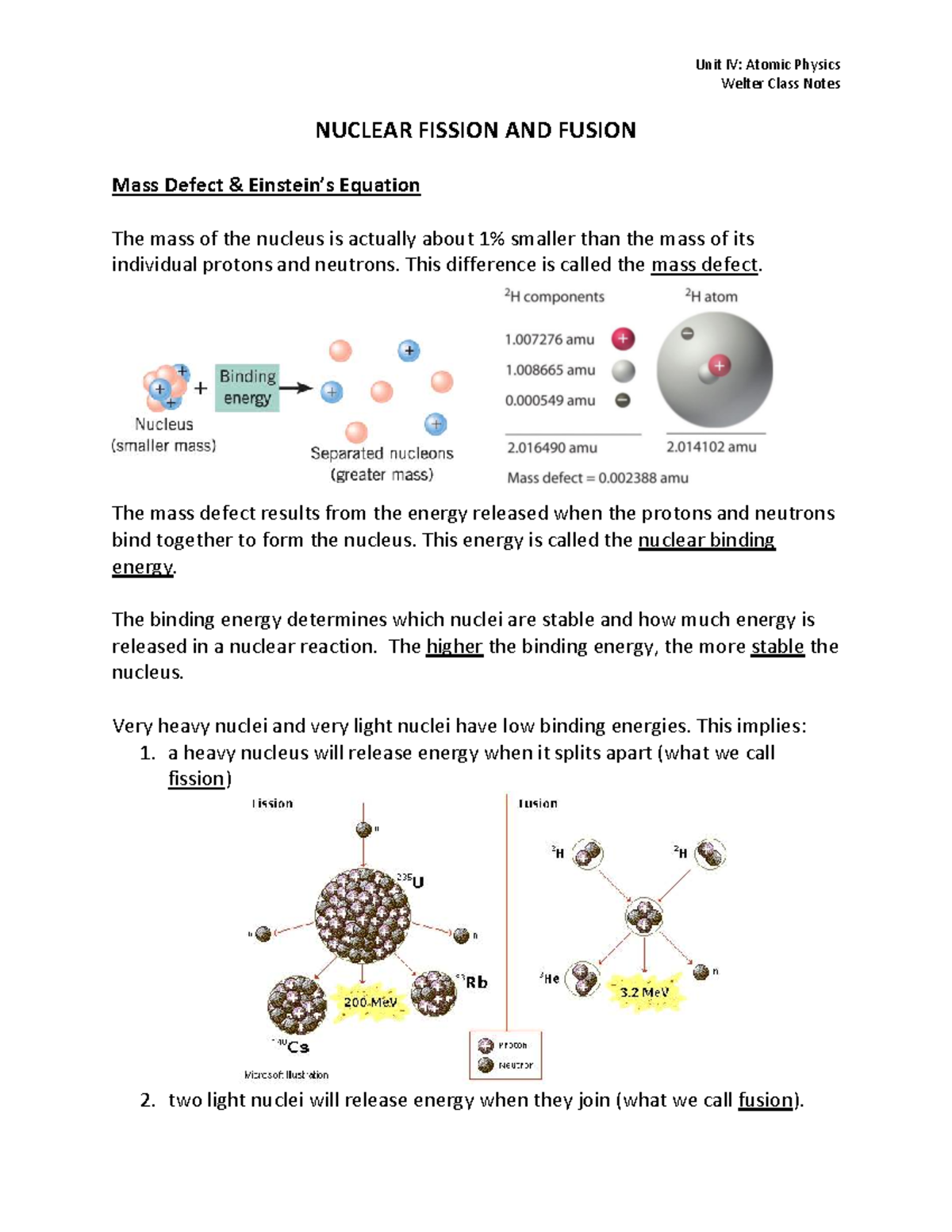 Unit IV: Atomic Physics Welter Class Notes on Nuclear Fission & Fusion ...