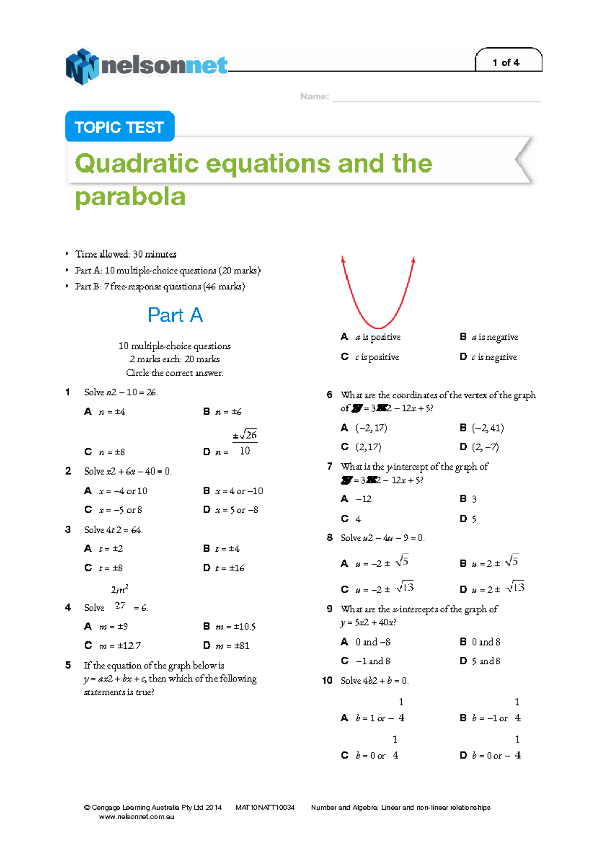MAT10NATT10034 Topic Test: Quadratic Equations & Parabolas - Studocu