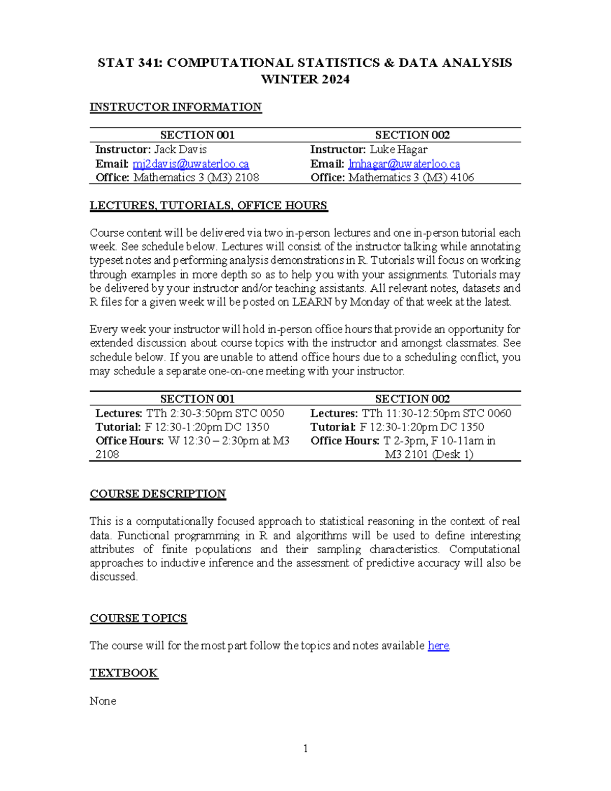 STAT341-W24: Syllabus for Computational Statistics & Data Analysis - Studocu