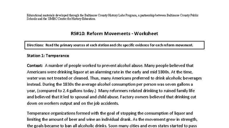 Reform Movements Worksheet: Evidence and Analysis of Temperance ...