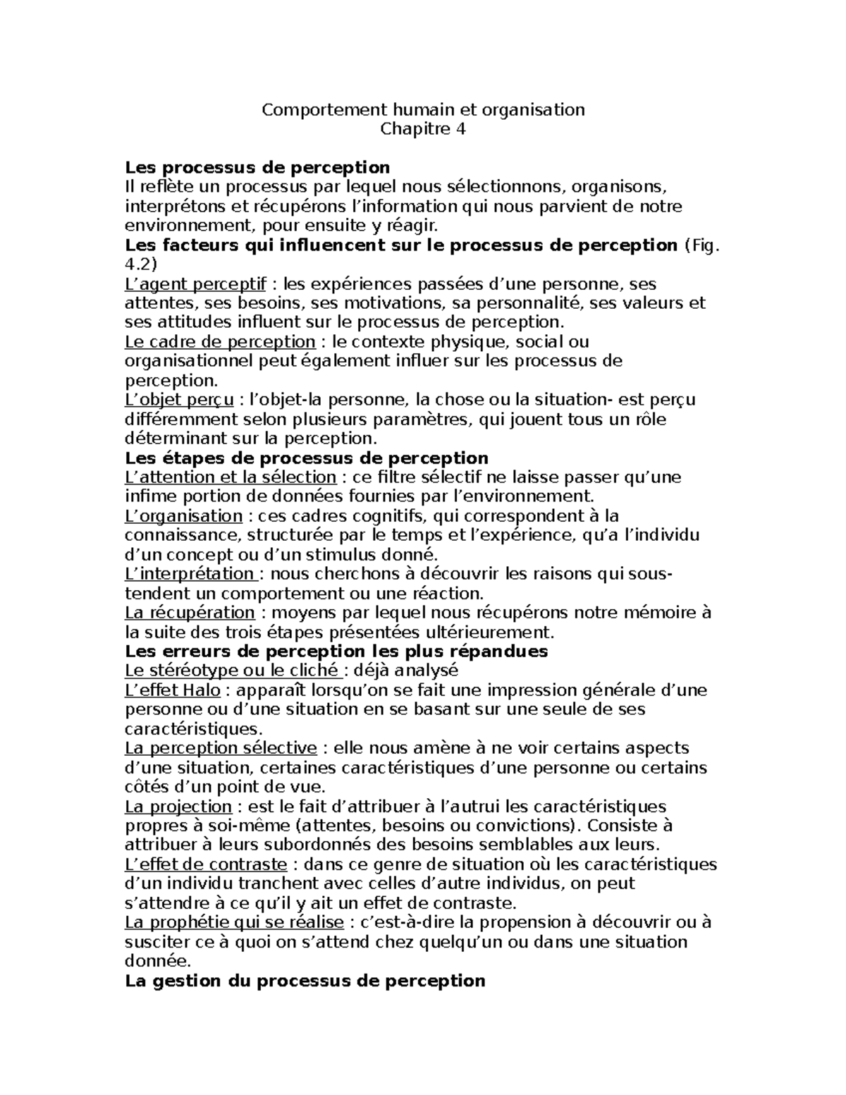 Chapitre 4 : Processus de Perception et Comportement Humain - Studocu