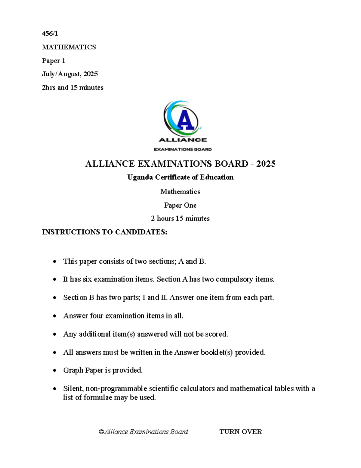 Alliance Sample Paper MATH 250529: Mathematics Paper 1 August 2025 ...