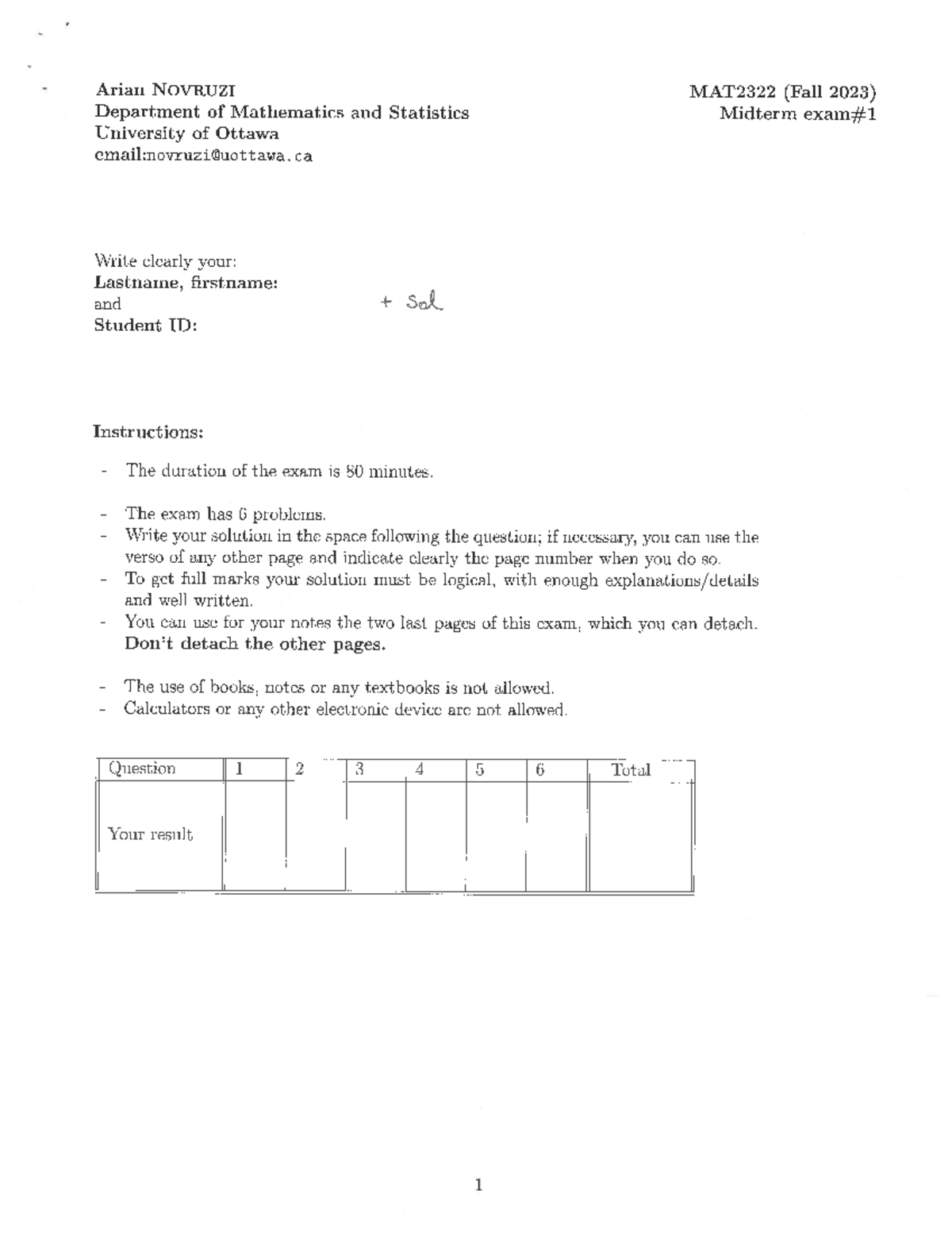 MAT2322 Midterm Exam Solutions (Fall 2023) - University of Ottawa - Studocu