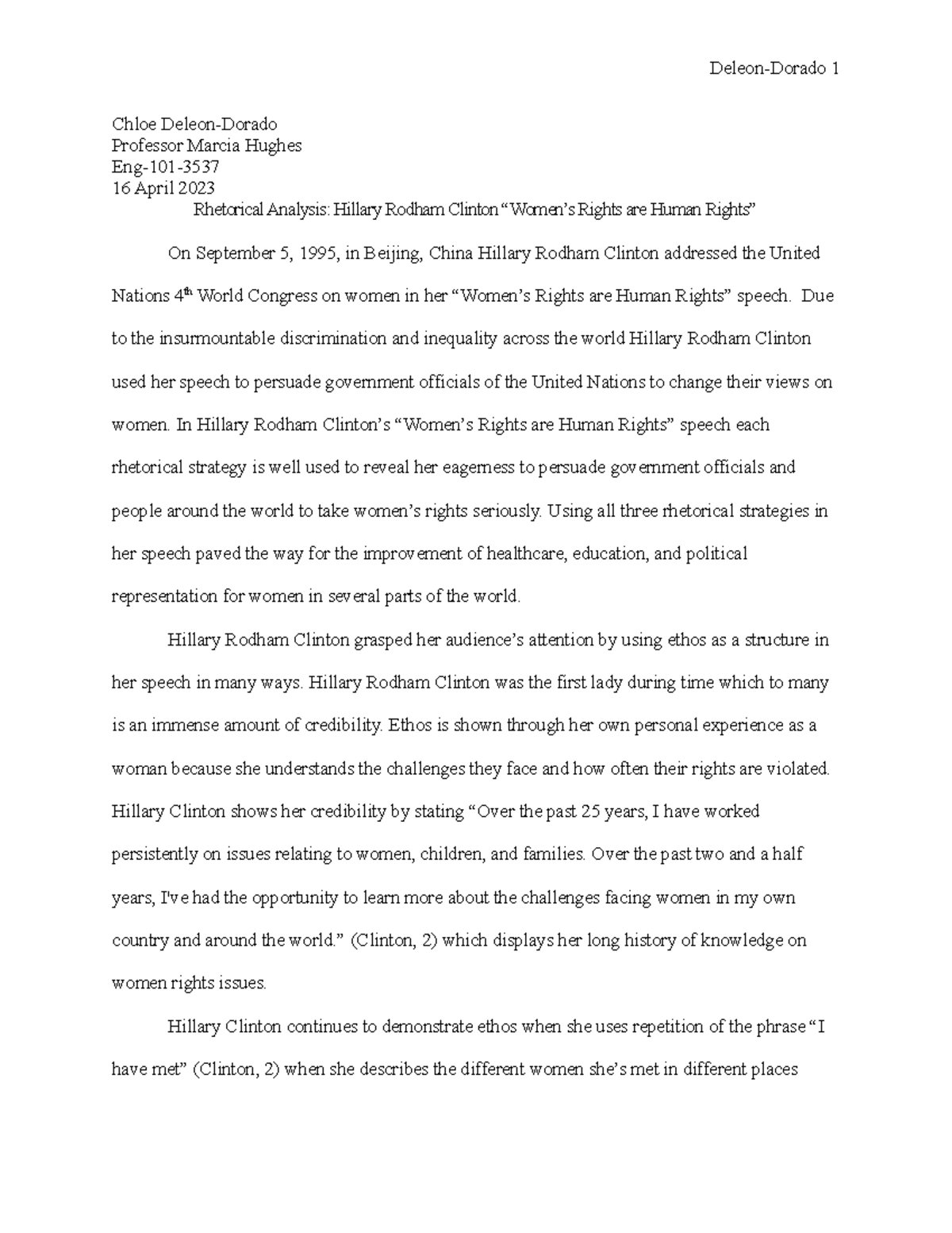 ENG-101 Essay 2 Rhetorical Analysis of Clinton's "Women's Rights ...
