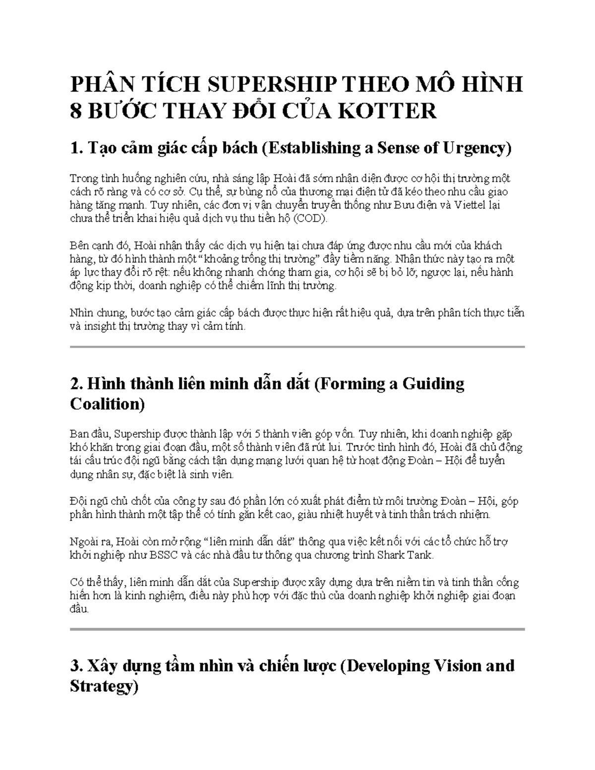 BÁO CÁO PHÂN TÍCH THAY ĐỔI TẠI CÔNG TY VA THEO MÔ HÌNH KOTTER - Studocu