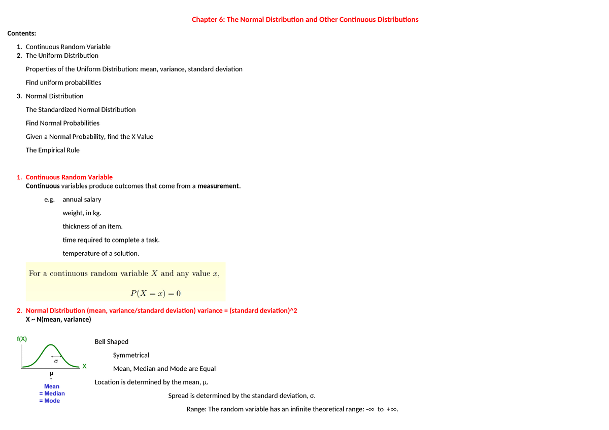 Ch6: Summary of Normal & Uniform Distributions Concepts - Studocu