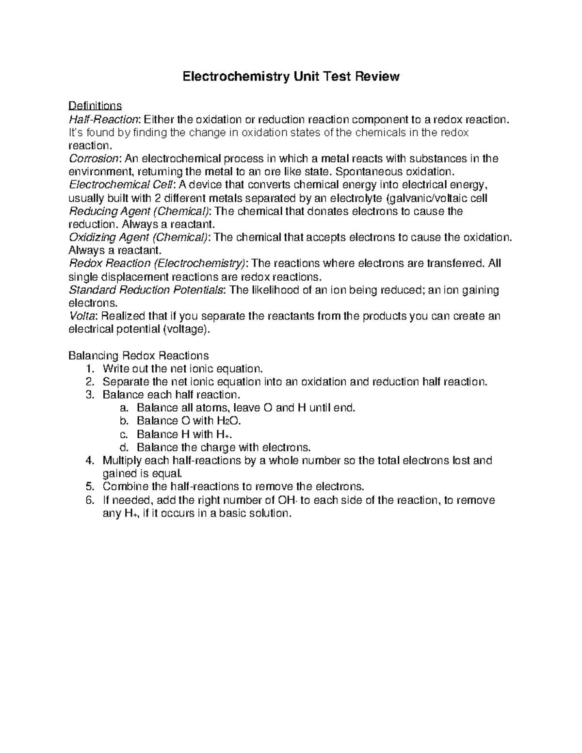 Electrochemistry Unit Test Review Notes for CHEM 101 - Studocu