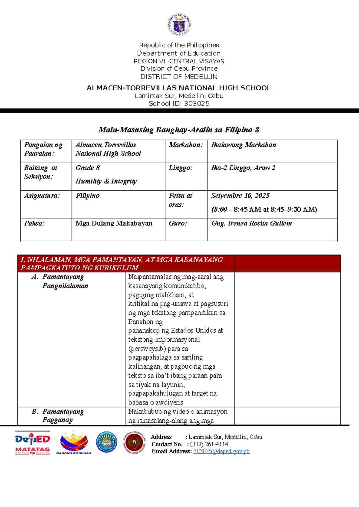 DLP Filipino 8: Ikalawang Markahan, Linggo 2 - Humility at Integrity ...
