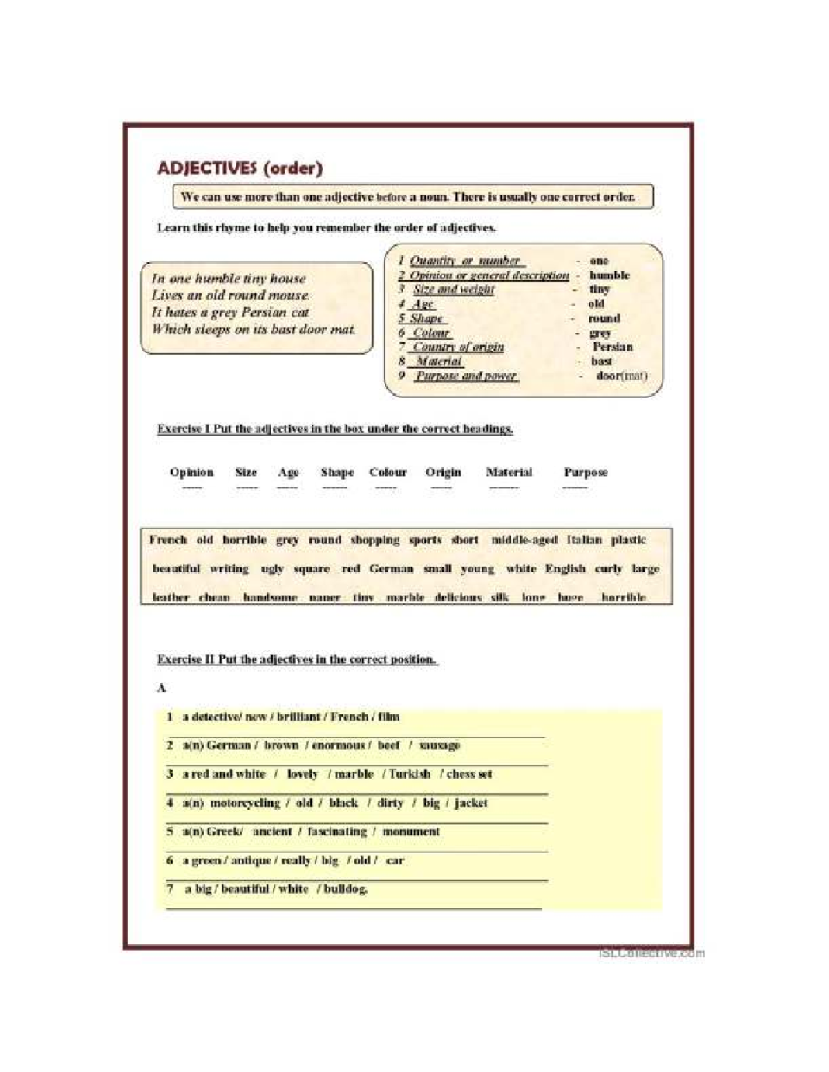 Adjectives Order Worksheet 1: Understanding and Application Exercises ...