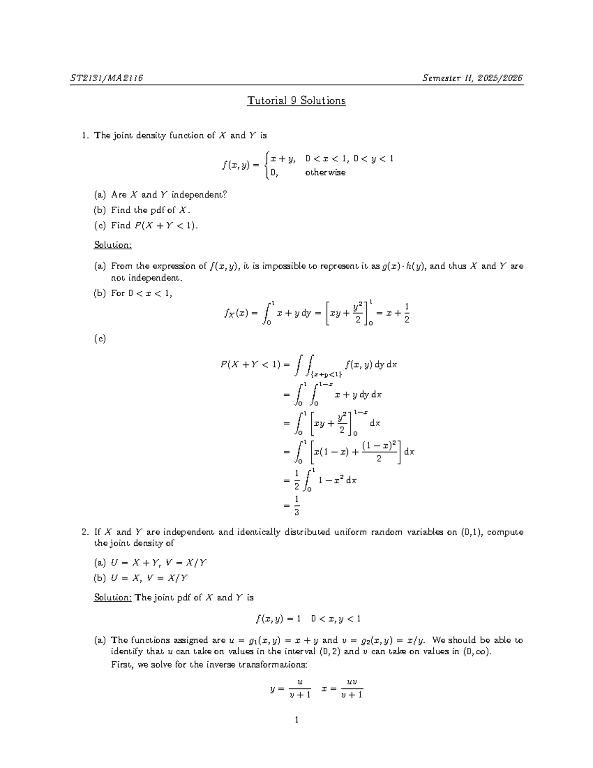 Semester II, Tutorial 09 Solutions on Joint Density Functions - Studocu