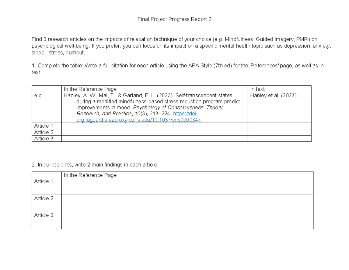 Final Project Progress Report 2 - Mindfulness, Guided Imagery, PMR) on ...