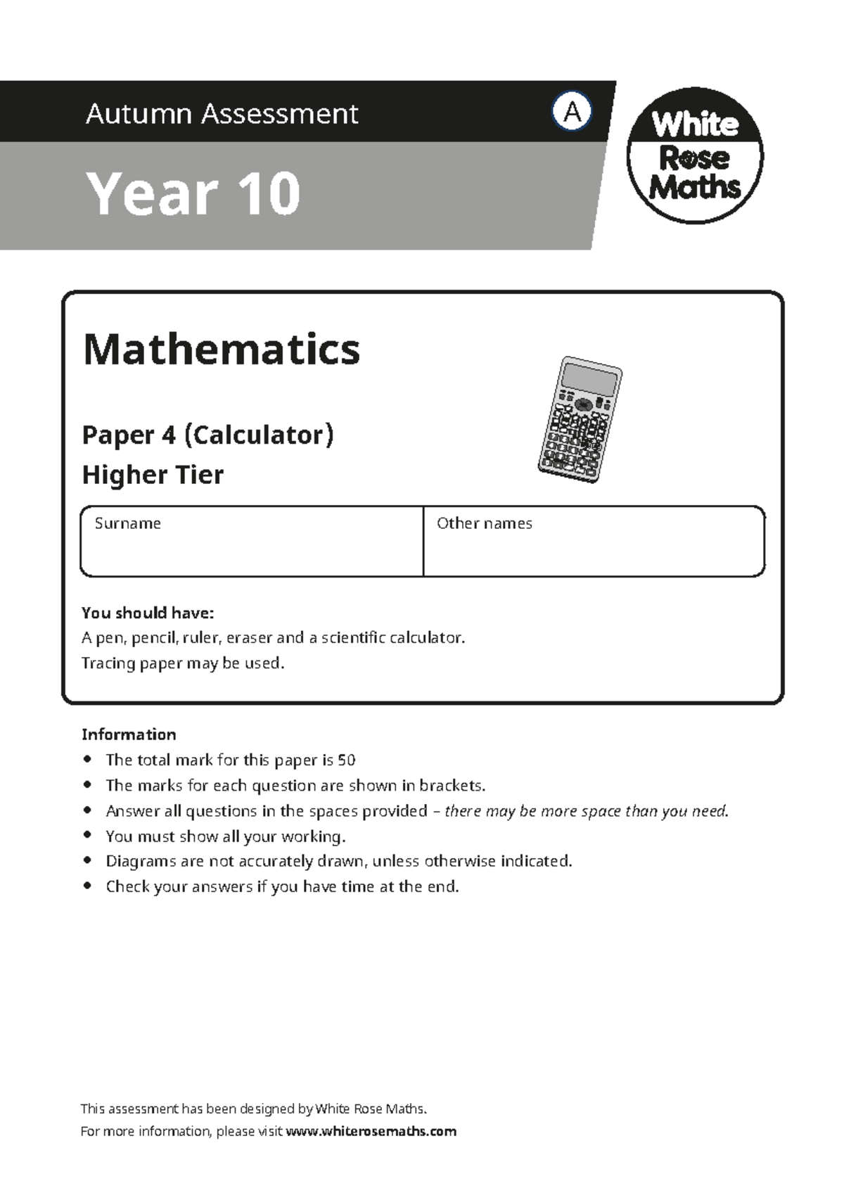 Year 10 Autumn Exam Paper 4 (Higher Tier) Mathematics Guide - Studocu