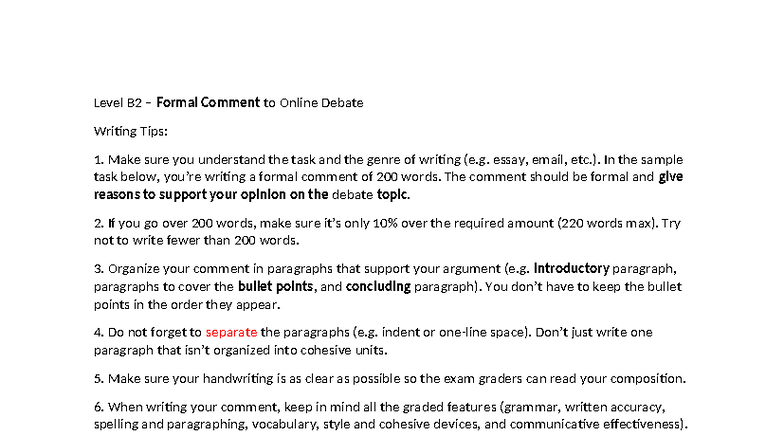 B2 Formal Comment Writing Tips for Online Debate - Studocu