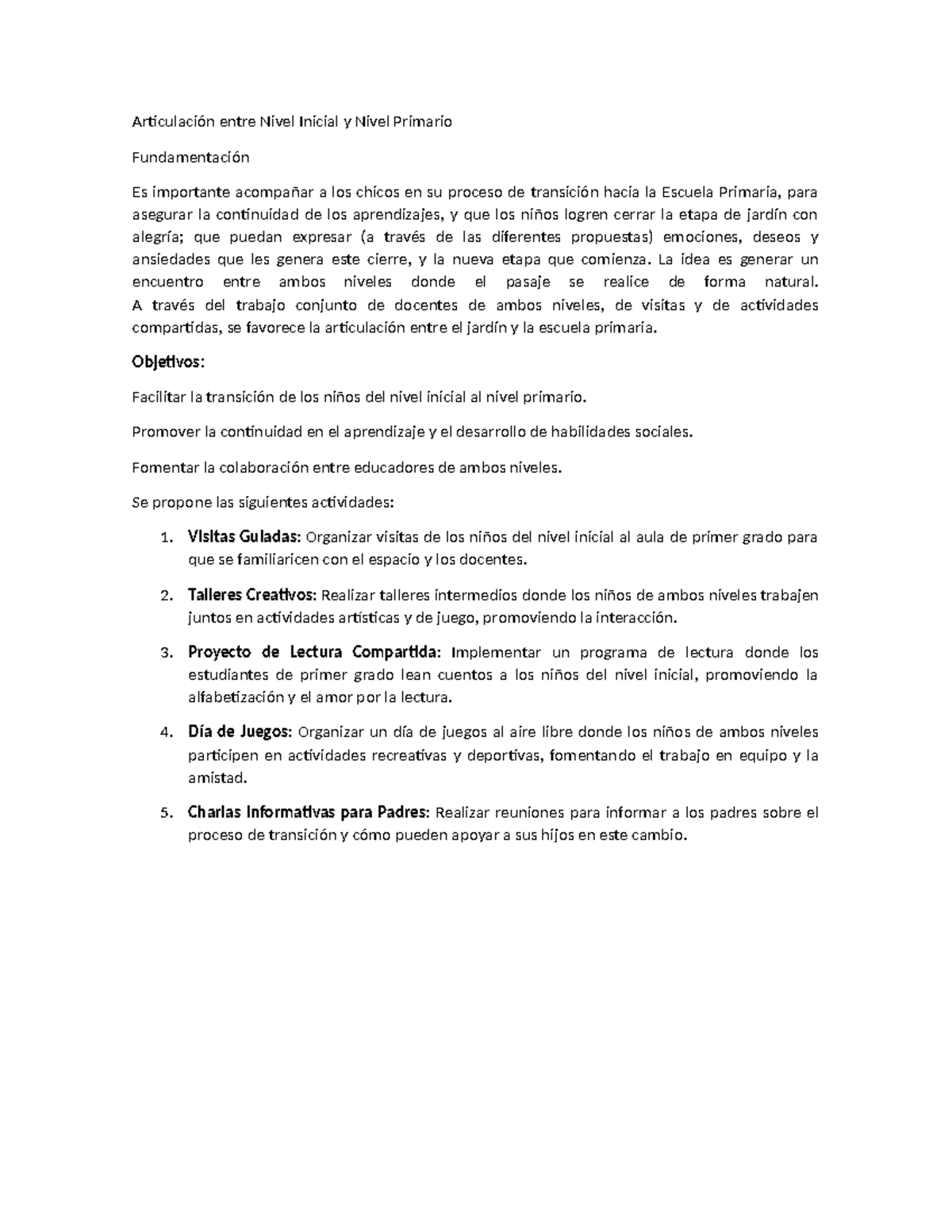 Articulación Nivel Inicial y Primario: Propuestas y Actividades - Studocu
