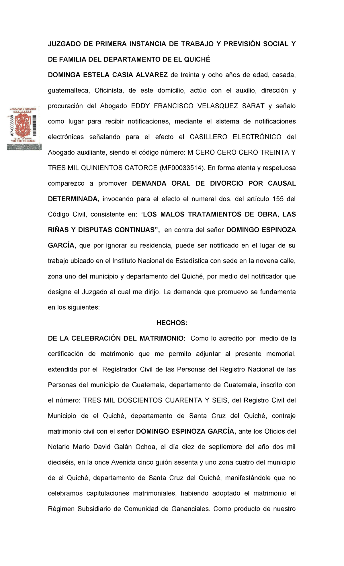 Demanda Oral de Divorcio por Causal Determinada - M 00033 514 - Studocu