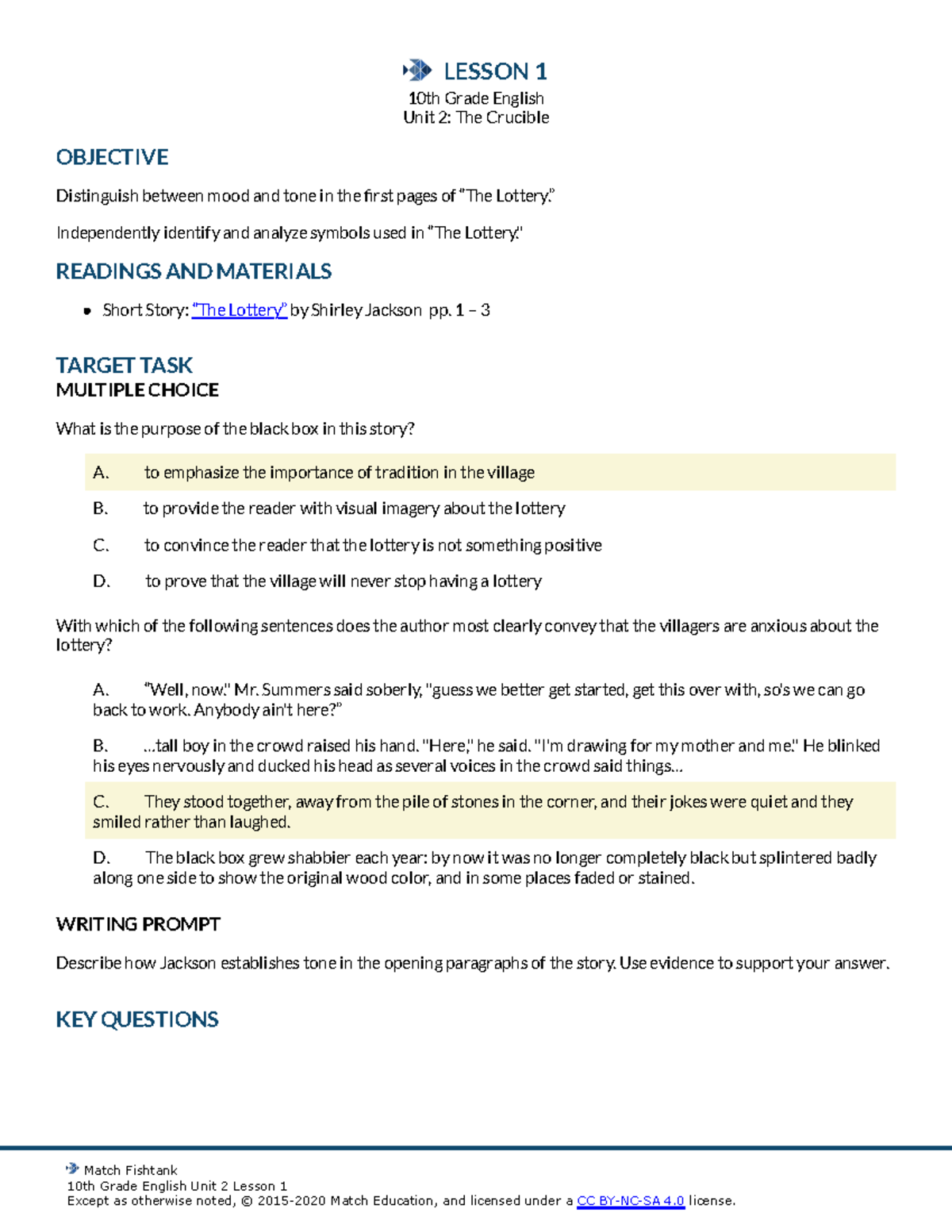 10th grade unit 2 lessons - Match Fishtank 10th Grade English Unit 2 ...